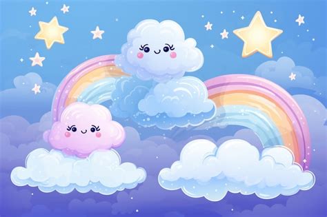 Nubes En El Cielo Con Arco Iris Y Sol Personajes Kawaii Imagen Premium Generada Con IA