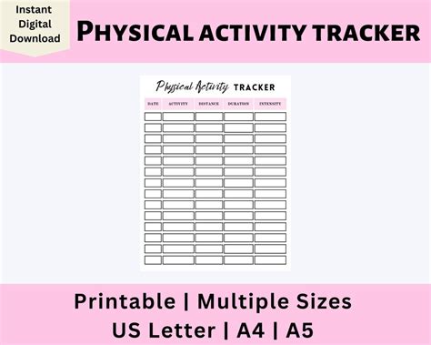 Physical Activity Tracker Printable Physical Activity Log Fitness Log
