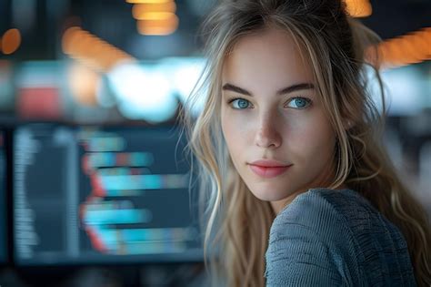 Premium Photo Caucasian Woman Programming With Two Monitors In Office