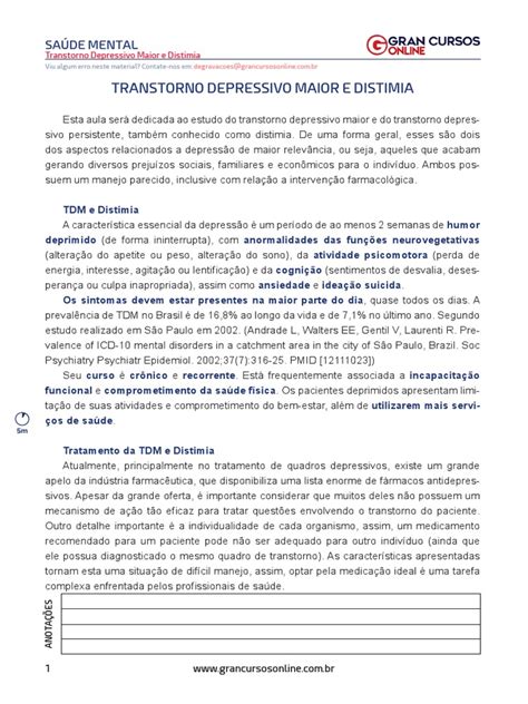 Transtorno Depressivo Maior E Distimia Aula 07 E 08 Pdf Depressão