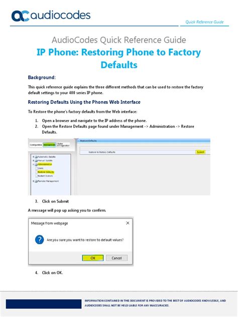 Audiocodes Quick Reference Guide Restoring Ip Phone To Factory Defaults Pdf World Wide Web