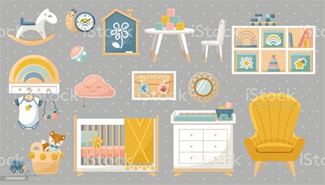어린이 방 인테리어를위한 컬렉션 베이비 침실 가구 유아 침대 장난감 안락 의자 서랍장 의자가있는 테이블 놀이장난감선반이있는 어린이 보육 가구 설정 0명에 대한 스톡 벡터