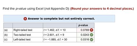 solved find the p value using excel not appendix d round