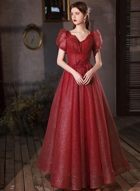 Wine Red Beaded Long Shiny Tulle Prom Dress A Line Wine Red Evening D