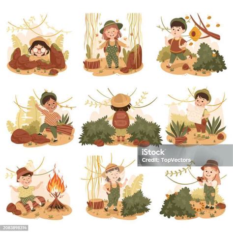 정글에서 어린 아이들 쌍안경을 보고 탐험 및 검사 지도 열대 환경 벡터 일러스트 레이 션 세트 모험에 대한 스톡 벡터 아트 및 기타 이미지 Istock