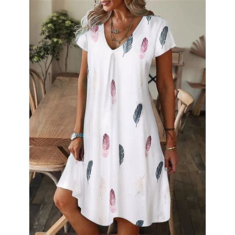 Womens Summer Dress Print Dress Leaf Floral Print V Neck Midi Dress