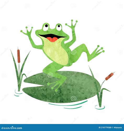 Cartoon Frog On Lily Pad Vector Watercolor Illustration Stock Vector