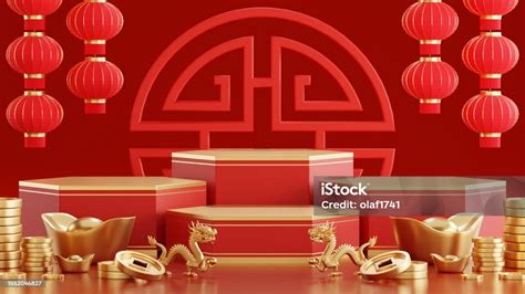 연단 라운드 스테이지 연단과 종이 예술 중국 설날 중국 축제 중추절 빨강과 금 꽃과 아시아 요소를 배경으로 한 3d 렌더링 그림 2024년에 대한 스톡 사진 및 기타 이미지