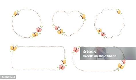 귀여운 꽃 나비 프레임 세트 봄 여름 테두리 벡터 그림입니다 계절에 대한 스톡 벡터 아트 및 기타 이미지 계절 곤충 귀여운 Istock