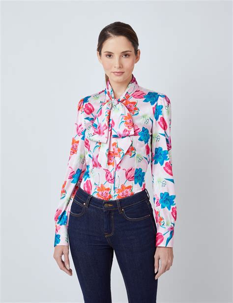 Satin Floral Print Womens Fitted Blouse With Single Cuff And Pussy Bow