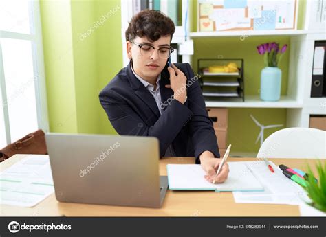 Non Binary Man Business Worker Talking Smartphone Writing Notebook