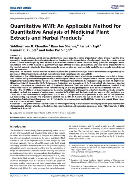 Pdf Quantitative Nmr An Applicable Method For Quantitative Analysis Of Medicinal Plant