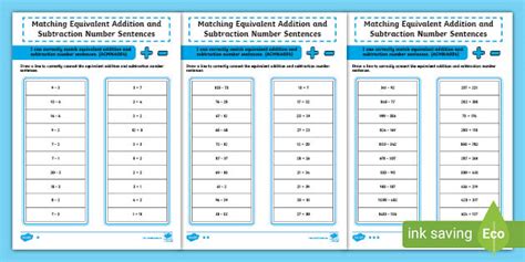 matching equivalent addition and subtraction number sentences