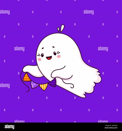 Cartoon Halloween Kawaii Cute Ghost Character With A Festive Flag