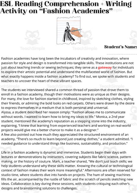 Esl Reading Comprehension Writing Activity Fashion Academies By Teach Simple