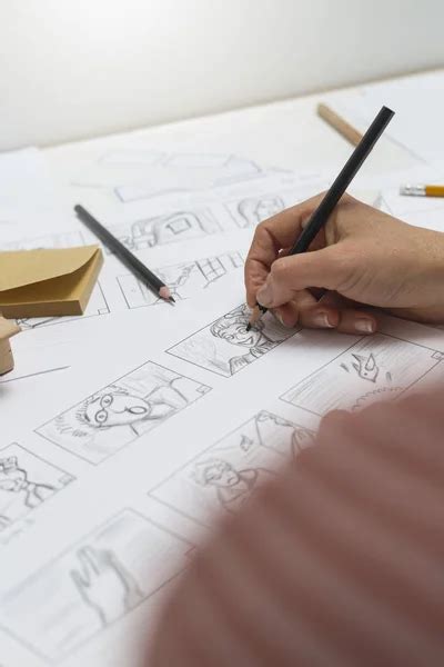 Hands Draw Pencil Storyboard Film Artist Draws Cartoon Characters Stock