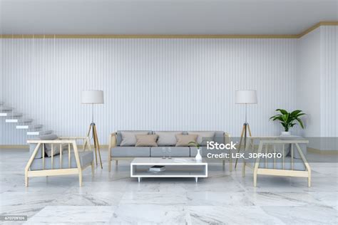 미니 멀 룸 인테리어 디자인 나무의 자 및 대리석 바닥과 화이트 룸에 소파3d 렌더링 0명에 대한 스톡 벡터 아트 및 기타
