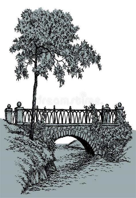 Vector Landscape A Maple Near The Ancient Stone Bridge Over A Small