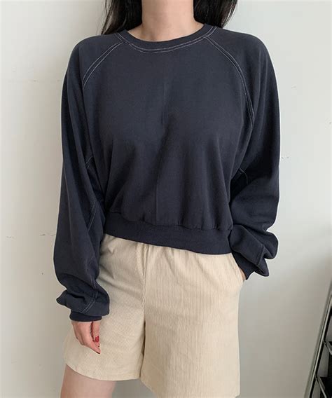 러브미 55 100 스티치 나그랑 크롭 맨투맨 루즈핏 빅사이즈 맨투맨 오버핏 Mtm 기본 긴팔 티셔츠 무지 크롭티