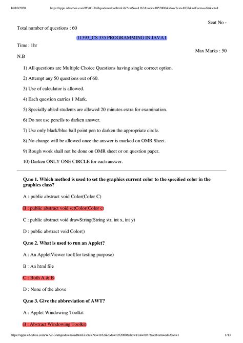 11393 Cs 335 Programming In Java Total Number Of Questions 60 Seat