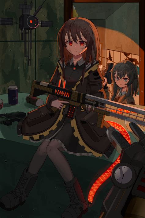 Safebooru Blue Eyes Boots Breasts Closed Mouth Drone Gun Hair Between