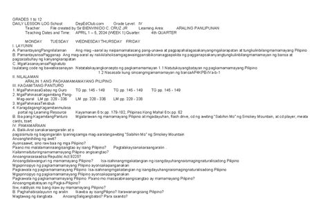 Araling Panlipunan Grades To Daily Lesson Log School Depedclub Grade Level Iv Teacher