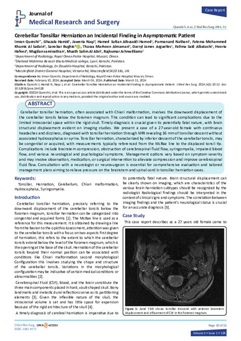 Pdf Cerebellar Tonsillar Herniation An Incidental Finding In