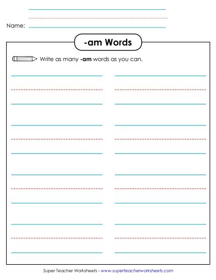 Brainstorm And Write Am Printable Word Families Am Words PDF Worksheet