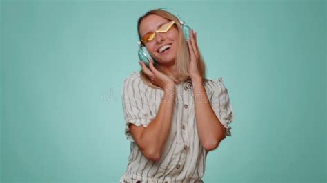 Funny Woman Listening Music Smiling Dancing Disco Party Music