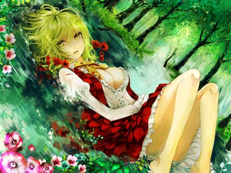 Barefoot Blondehair Breasts Cleavage Dress Flowers Greenhair Kazami