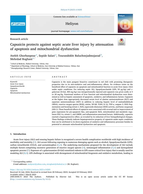 Pdf Capsaicin Protects Against Septic Acute Liver Injury By