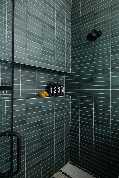 Shower With Dark Green Horizontal Stacked Tiles Modern Bathroom
