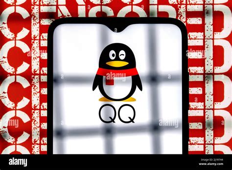 Tencent Qq Chinese Messaging Service Logo On Smartphone Screen Behind Bars On Background With
