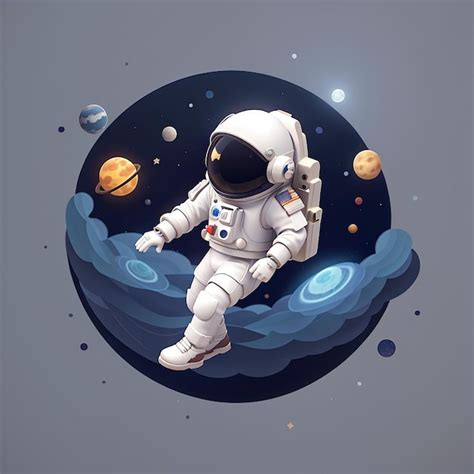 Astronauta lindo flotando con el planeta Ícono vectorial de dibujos