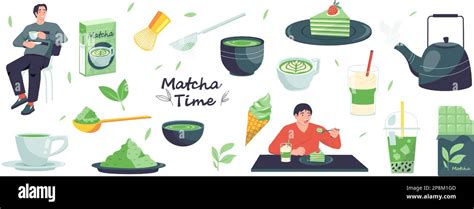 Personas con matcha Personajes de dibujos animados con té verde