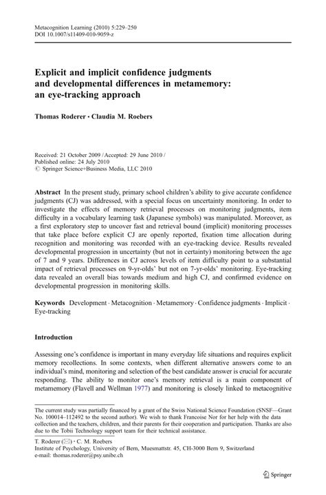 Pdf Explicit And Implicit Confidence Judgments And Developmental Differences In Metamemory An
