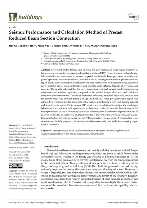 Pdf Seismic Performance And Calculation Method Of Precast Reduced Beam Section Connection