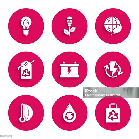자동차 배터리 설정 깨끗한 아쿠아 재활용 재활용 충전 기상학 온도계 측정 태그 기호 지구 지구본 및 잎 및 전구 아이콘과 종이 쇼핑백 벡터 그림자에 대한 스톡 벡터 아트 및