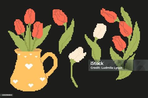 픽셀 아트 봄 빨간색과 흰색 튤립 주전자에 꽃다발 꽃 복고풍 8 비트 스타일의 벡터 컬렉션 그림 봄 비디오 게임의 미학에서 영감을 받았습니다 90년대 미학의 분위기 0명에