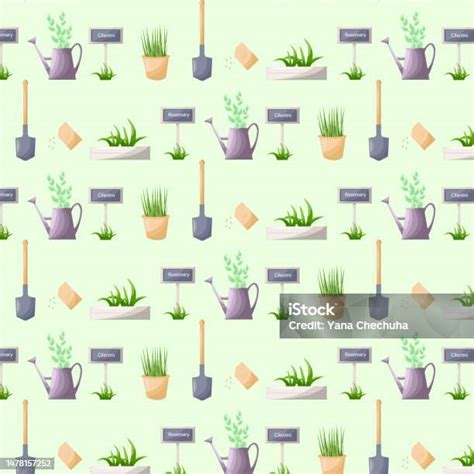 원활한 패턴입니다 원예 및 농기구 삽 물뿌리개 간판 성장하는 화분에 심은 식물 묘목 흰색 배경에 격리된 벡터 클립 아트 그림 개체 그룹에 대한 스톡 벡터 아트 및 기타