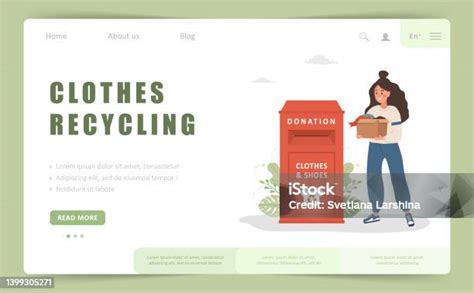 의류 재활용 방문 페이지 템플릿 골판지 상자를 가진 여성은 기부를 위해 물건을 제공합니다 의류 보관함 또는 재활용 용기 자원 봉사 및 사회 복지 만화 스타일의 벡터 일러스트