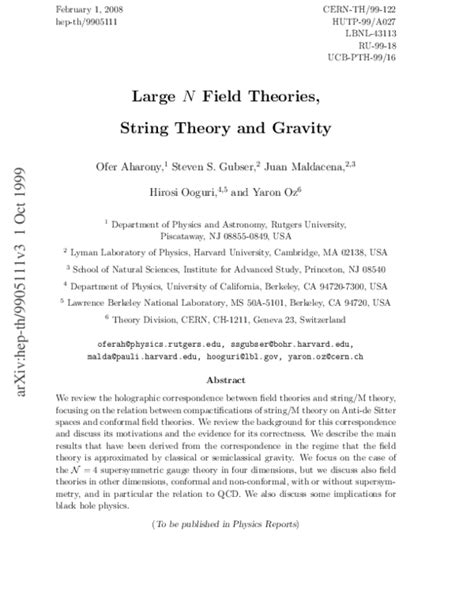 Pdf Large N Field Theories String Theory And Gravity