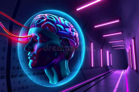 AI Brain With Neon Lights In Futuristic Tunnel Advanced Artificial