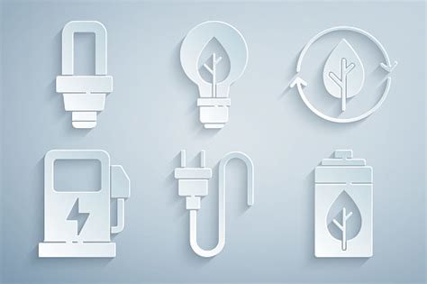 전기 플러그 재활용 및 잎 자동차 충전소 에코 자연 배터리 전구 및 Led 조명 아이콘을 설정합니다 벡터 3차원 형태에 대한 스톡 벡터 아트 및 기타 이미지 Istock