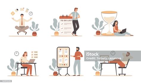 작업 시간 관리 랩톱 컴퓨터 플랫 벡터 일러스트레이션 세트로 작업하는 일정 작업 마감 전략 및 사무실 사용자 경영자에 대한 스톡