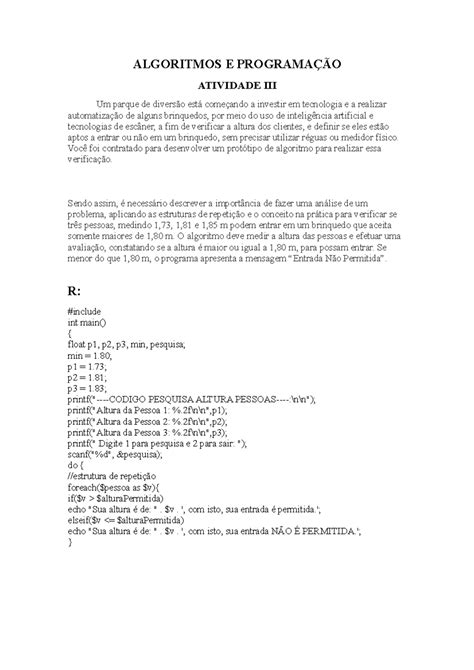 Algoritmos E Programação Atividade III ALGORITMOS E PROGRAMAÇÃO ATIVIDADE III Um parque de