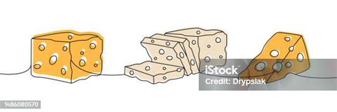 치즈 한 줄 컬러 연속 그리기 세트 다양한 종류의 치즈 연속 한 줄 그림 벡터 미니멀리스트 선형 그림입니다 구멍에 대한 스톡