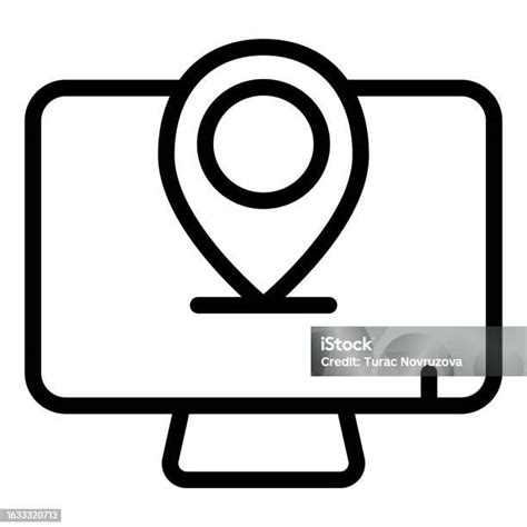모니터 위치 라인 아이콘입니다 흰색으로 분리된 핀 벡터 그림이 있는 화면 지도 핀 윤곽선 스타일이 있는 컴퓨터 및 응용 프로그램 Eps 10 Lcd에 대한 스톡 벡터 아트
