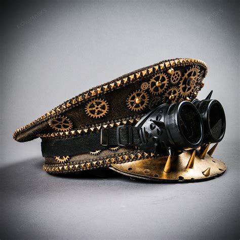Steampunk Burning Man Spike Black Goggles Captain Hat Gold