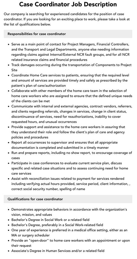 Case Coordinator Job Description Velvet Jobs